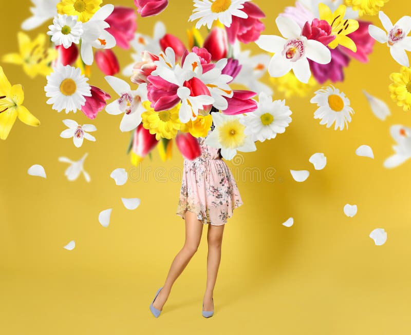 Creative Spring Composition. Posing Girl and Flowers Splash Stock Photo ...