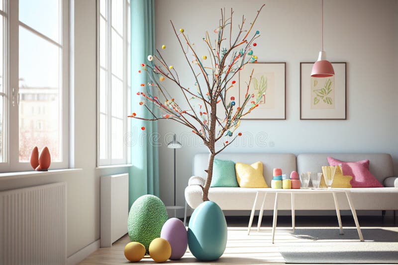 Creative Spring Home Interior with Easter Tree and Vase with Painted ...