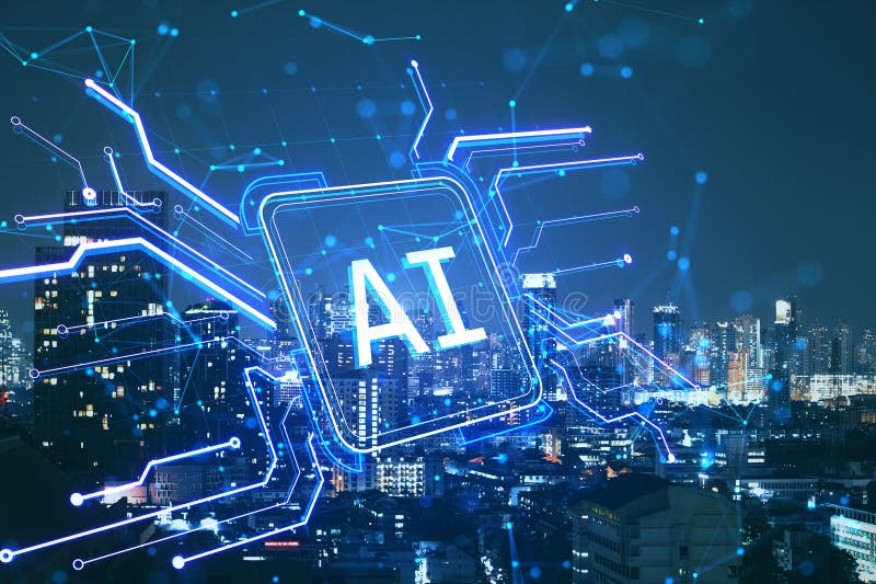 Creative Square Circuit Button Hologram with AI Icon on Blurry Night ...