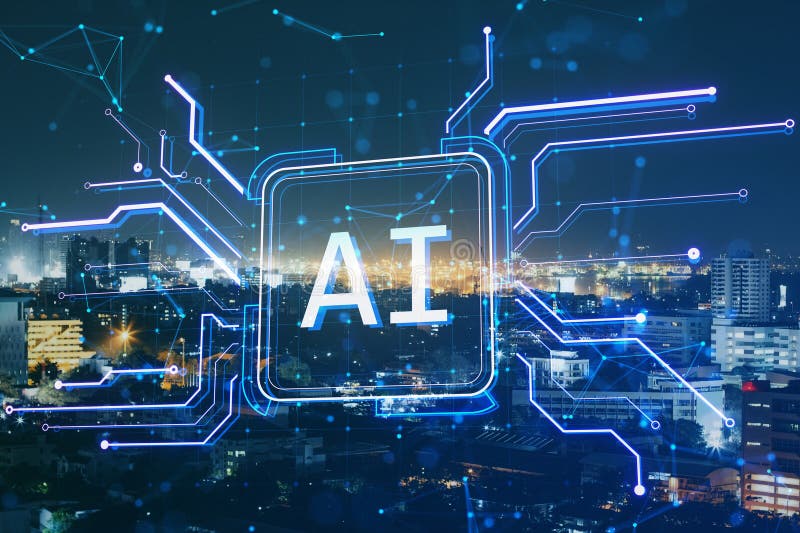 Creative Square Circuit Button Hologram with AI Icon on Blurry Night ...