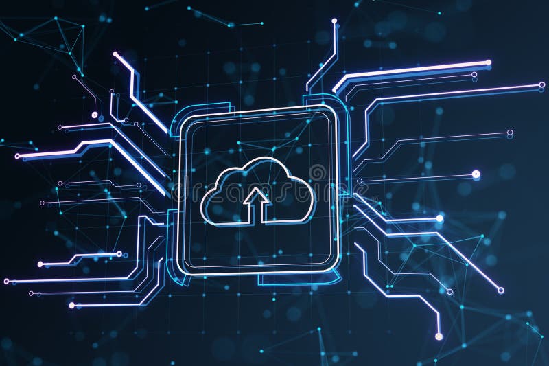 Creative Square Circuit Button Hologram with Cloud Icon on Dark ...