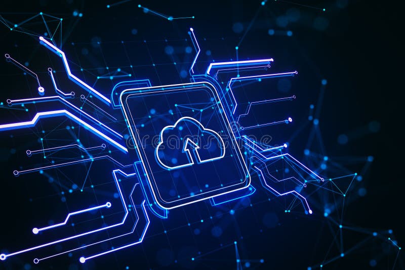 Creative Square Circuit Button Hologram with Cloud Icon on Dark ...