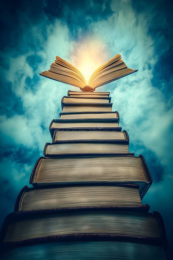 Creative Stack of Books Leading To an Illuminated Open Book in the Sky ...