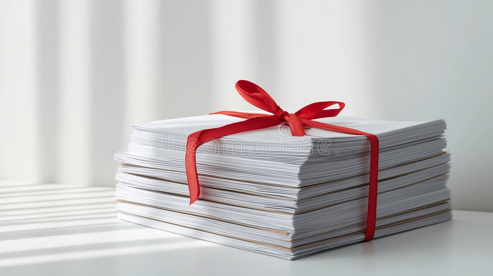 Creative Stack of Documents Tied with Red Ribbon on White Table for ...