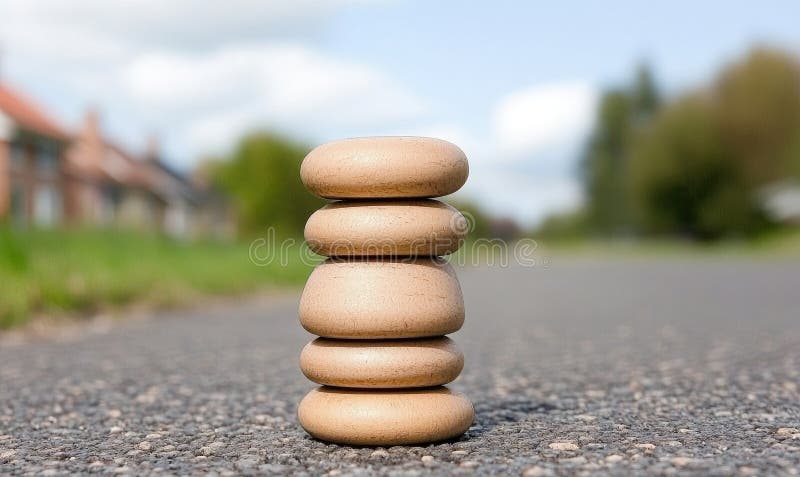 A Creative Stack of Wooden Stones on a Quiet Road Surrounded by ...