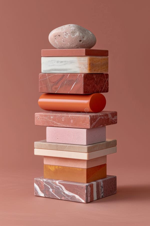 Creative Stacked Materials Stone, Concrete, and Timber Against a Solid ...