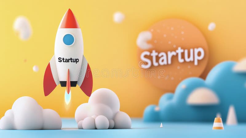 Creative Startup Concept with a Colorful Rocket and Playful Cloud ...