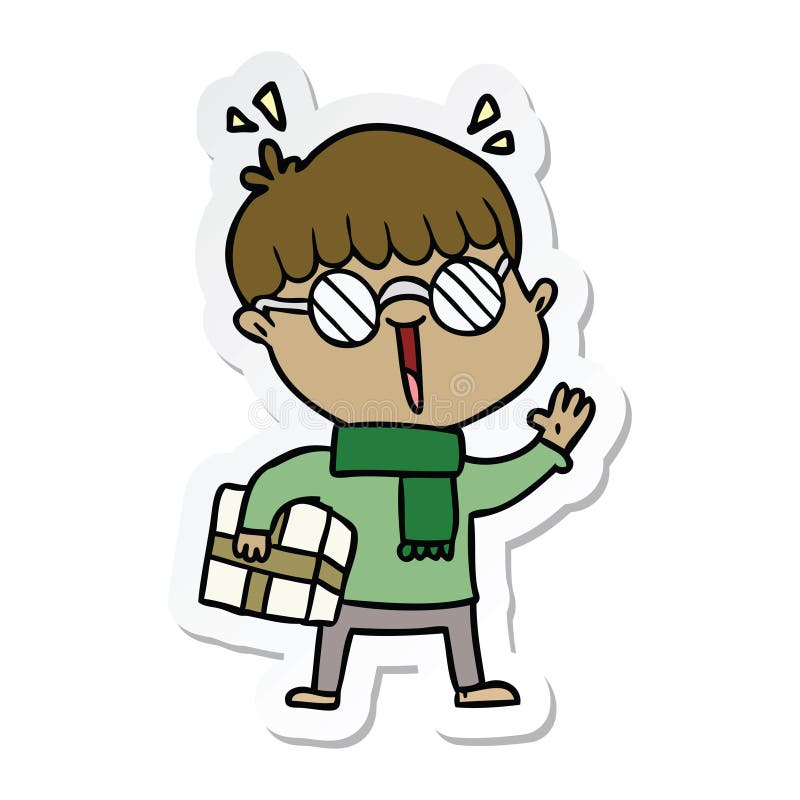 A Creative Sticker of a Cartoon Boy with Parcel Waving Stock Vector ...