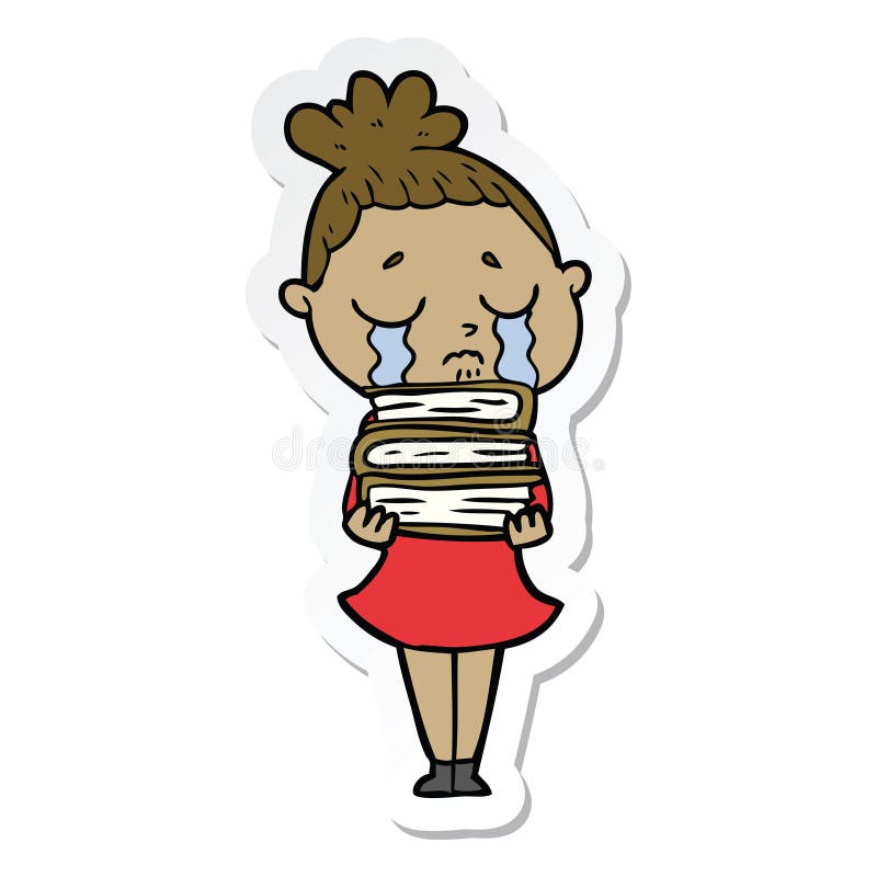 A Creative Sticker of a Cartoon Crying Woman with Stack of Books Stock ...