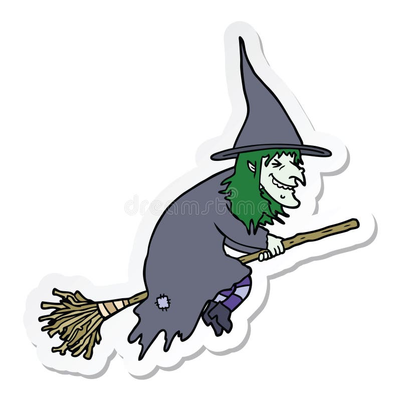 A Creative Sticker of a Cartoon Witch on Broom Stock Vector ...