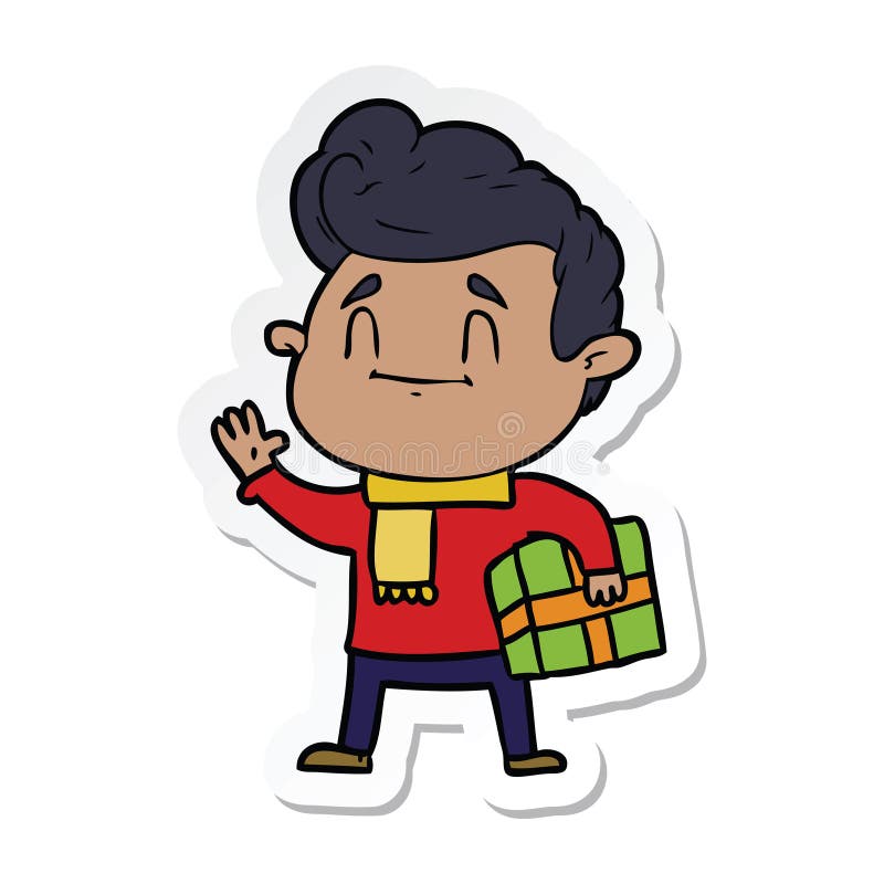 A Creative Sticker of a Happy Cartoon Man with Gift Stock Vector ...