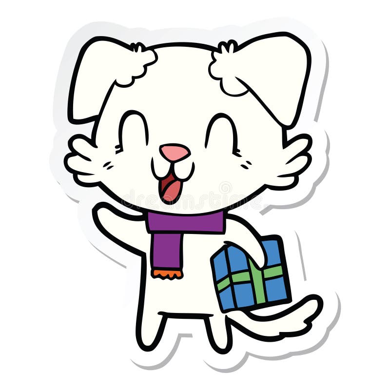 A Creative Sticker of a Laughing Cartoon Dog with Christmas Present ...