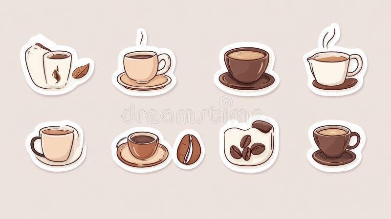 Creative Stickers Featuring Various Coffee Cups and Beans Suitable for ...
