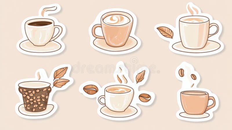Creative Stickers Featuring Various Styles of Coffee Cups and Coffee ...
