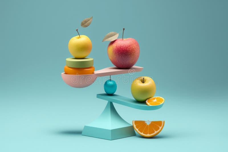 Balanced Diet Concept Art with Fruits and Scale, Symbolizing a Healthy ...