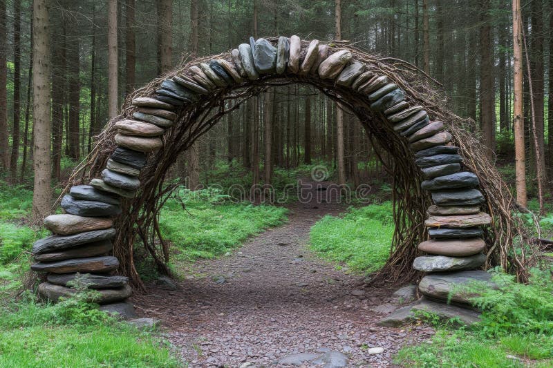 Creative Stone and Root Archway Leading into a Serene Pine Forest Path ...