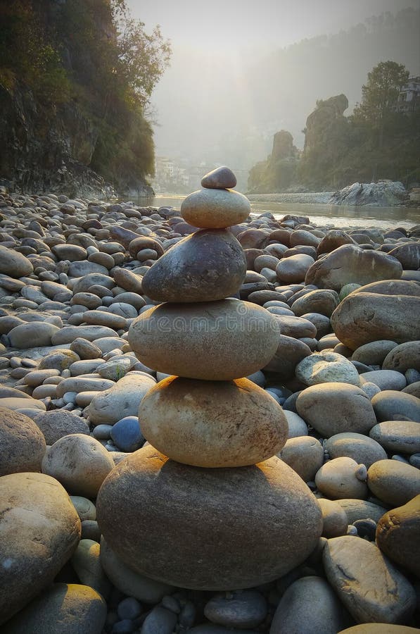 Creative Stone Stack on the River Beach, Himalayas Stock Photo - Image ...