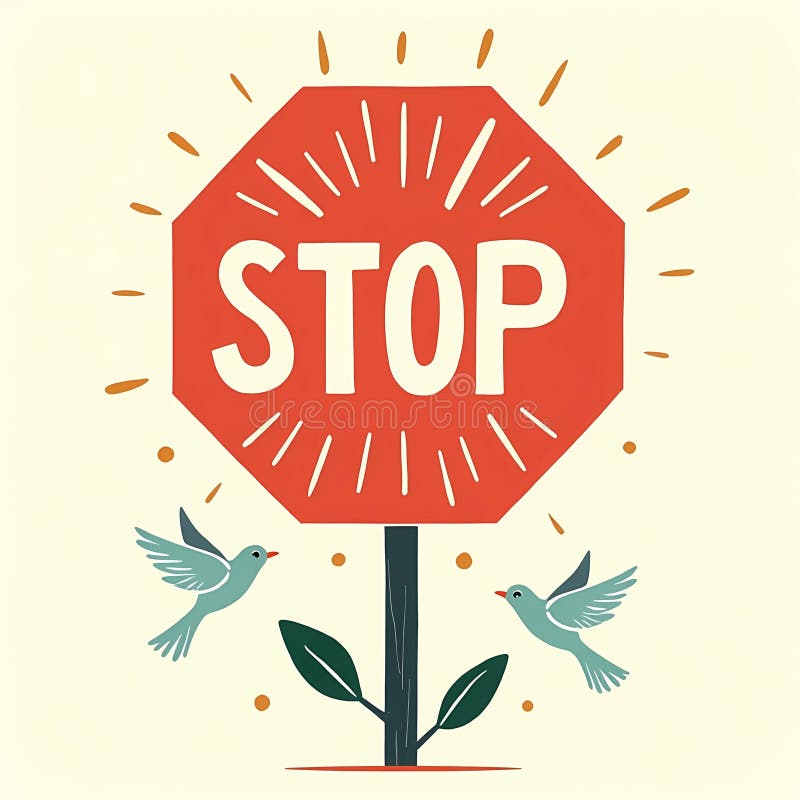 Creative Stop Sign Illustration with Birds and Leaves – Flat Vector ...