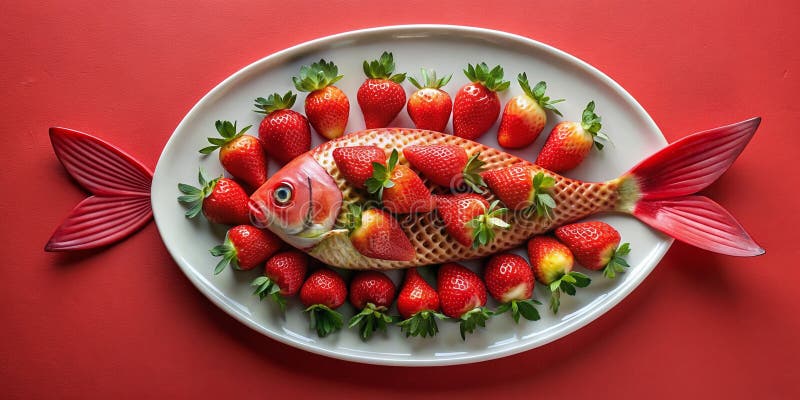 Creative Strawberry Fish Platter on Red Table Captured from Above AI ...