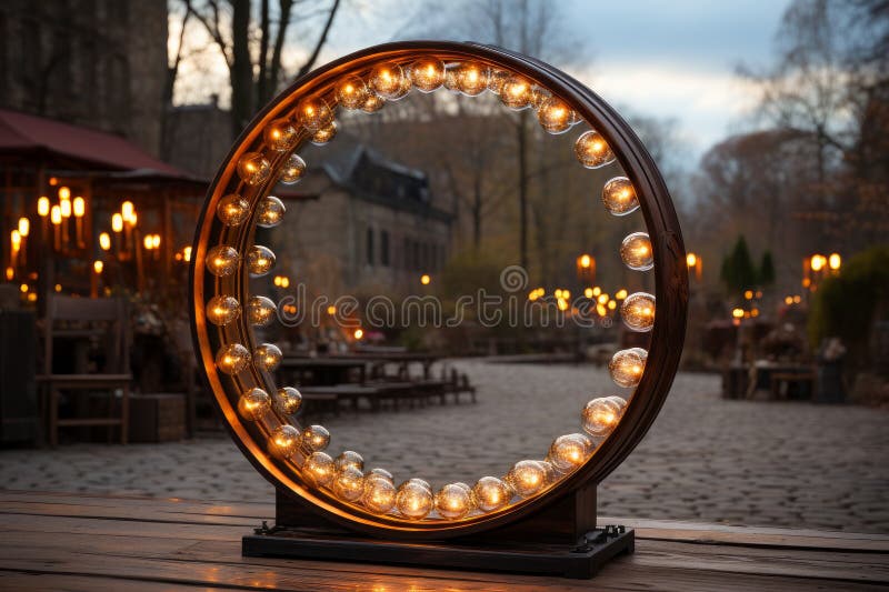 A Creative Structure of Round Wood Sign with Glowing Bulbs Stock ...