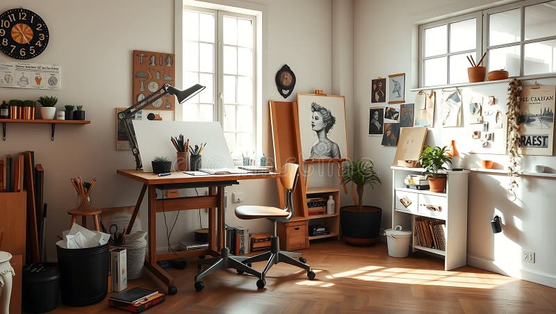 A Creative Studio Backroom with a Drafting Table Art Supplies and a Rolling Chair Stock ...