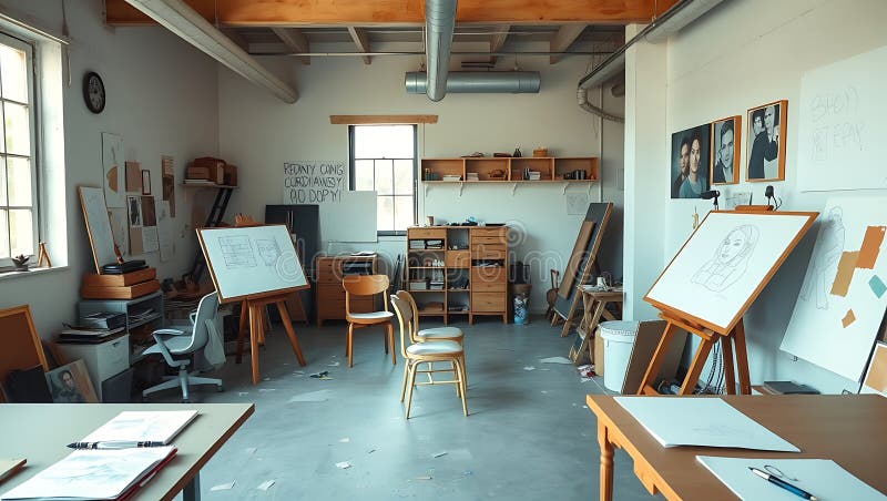 A Creative Studio Backroom with Drafting Tables Scattered Sketches and ...