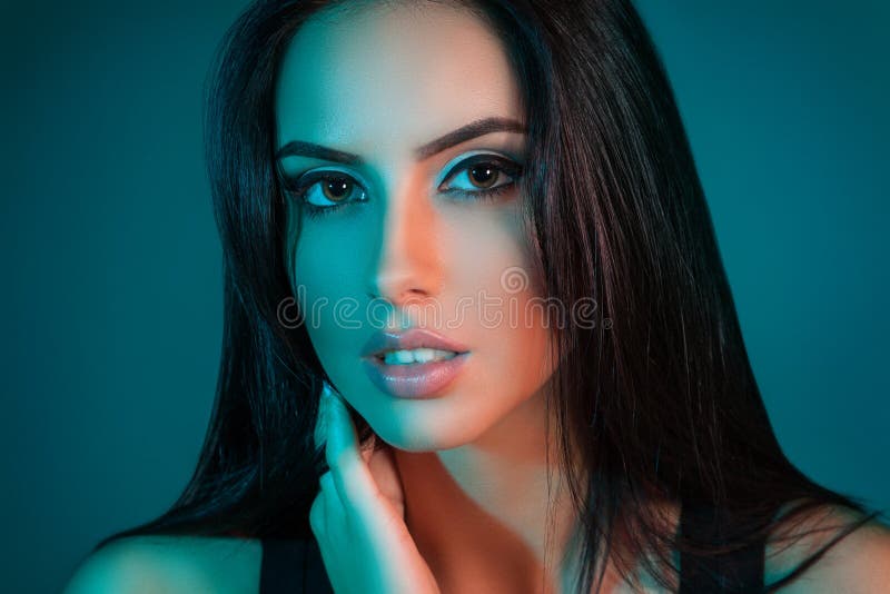Creative Studio Portrait of Beautiful Female Model Close-up. the Blue ...