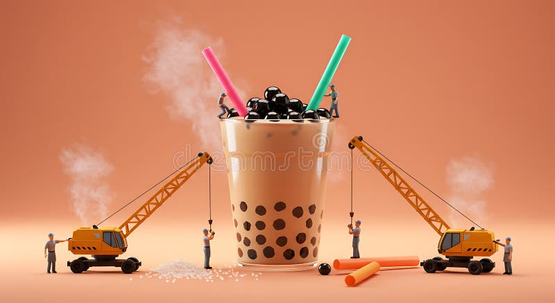 Whimsical Bobba Tea Construction Scene with Miniature Workers, Cranes ...