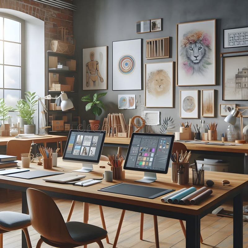 A Creative Studio Space with Art Supplies, Digital Tablets, and a Large ...