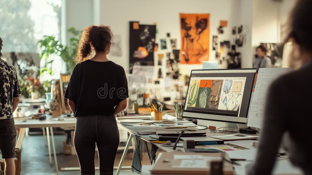 Creative Studio Workspace with Designers Collaborating on Visual ...