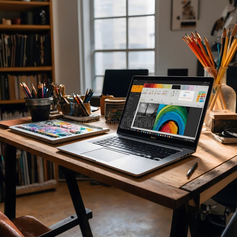 Creative Studio Workspace with Laptop, Design Software, and Artistic ...