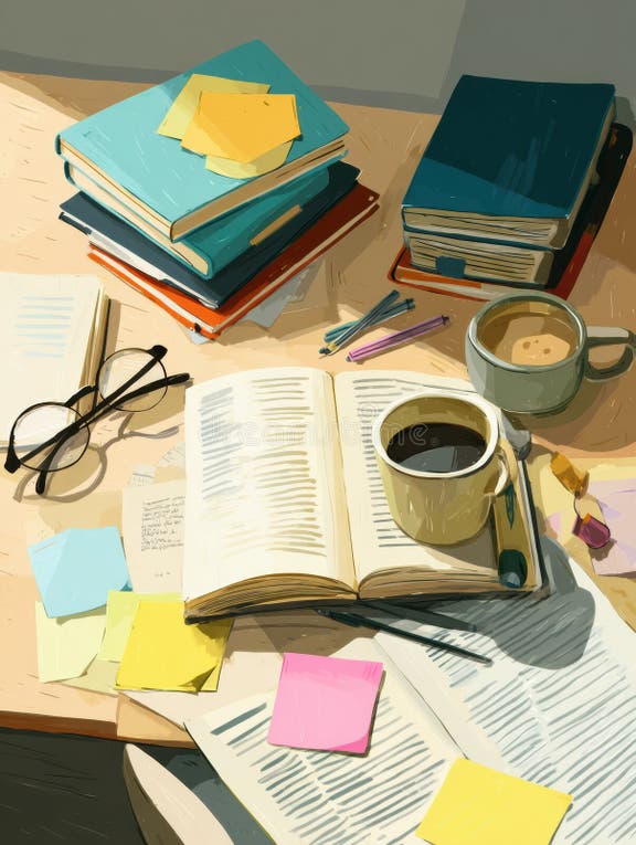 Creative Study Desk Setup with Textbooks, Sticky Notes, Coffee, and ...