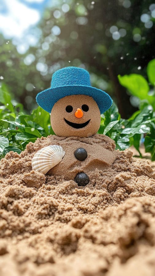 Creative Summer Snowman on Sandy Beach with Seashell and Blue Hat Stock ...