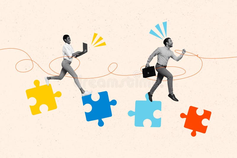 Creative Surreal Business Template Collage of Two Workers Planning ...