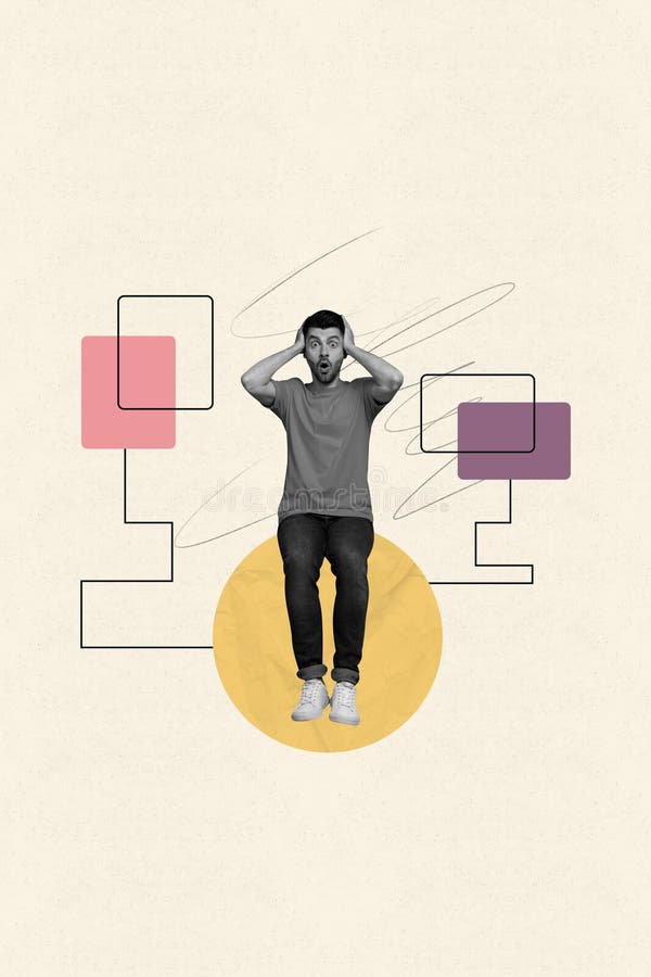 Creative Surreal Collage of Young Man Sit Circle Draw Round Over Pastel ...