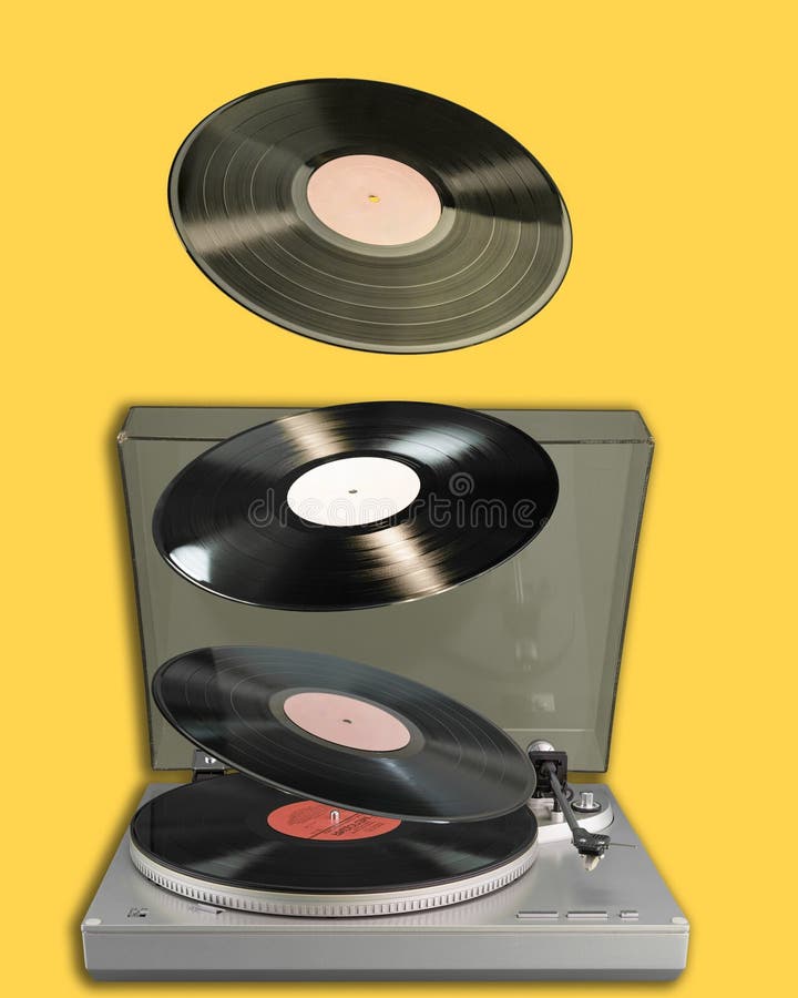 Surreal Composition of Floating Vinyl Records Above Turntable on Yellow ...