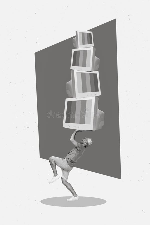 Creative Surreal Template Collage of Small Guy Hold Pile Monitors with ...