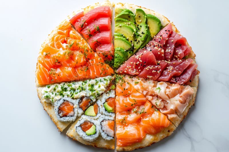 Creative Sushi Pizza with Assorted Fresh Fish and Avocado Toppings ...