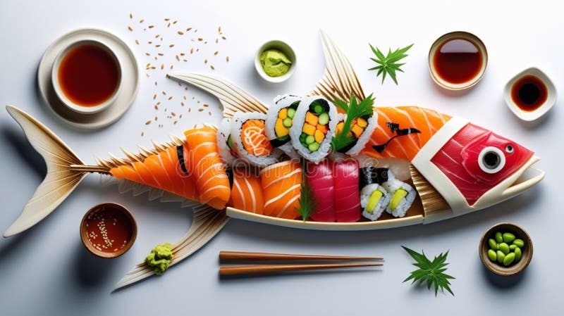 Creative Sushi Platter Shaped Like a Fish Stock Illustration ...