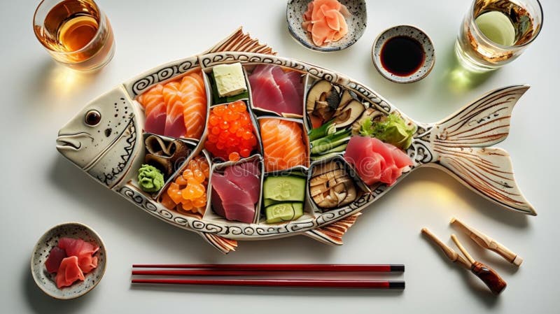 Creative Sushi Platter Shaped Like a Fish Stock Illustration ...