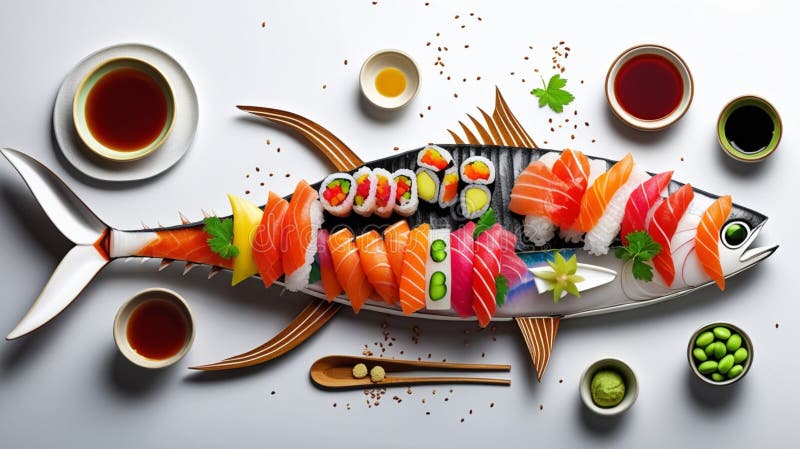 Creative Sushi Platter Shaped Like a Fish Stock Illustration ...