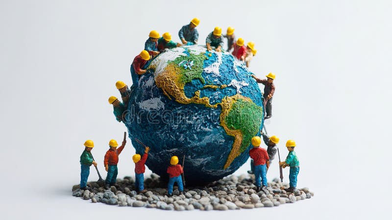 Miniature Construction Workers Repairing the Earth in Symbolic Concept ...