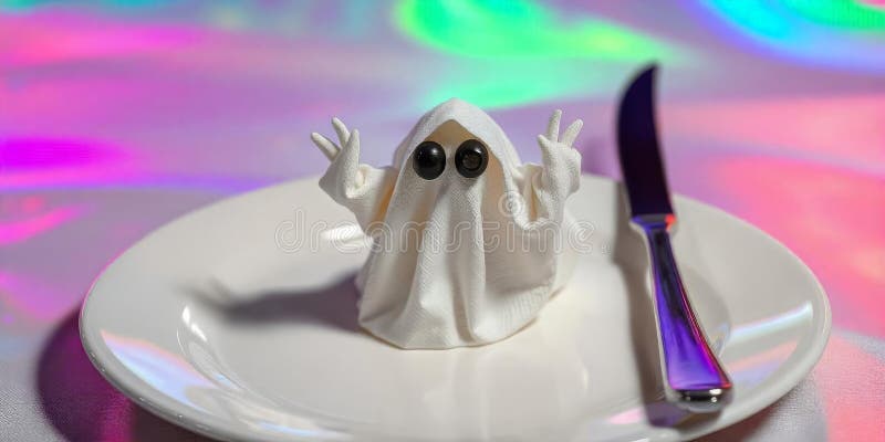 Creative Table Setting with a Ghost Napkin Figure on a Decorative Plate ...