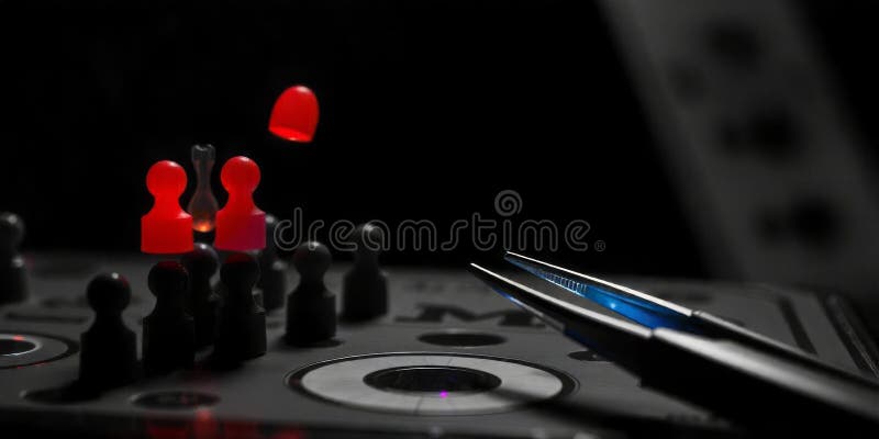 Creative Tabletop Gaming Setup Featuring Miniatures and Tools in a Dimly Lit Environment Stock ...