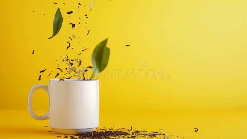 Creative Tea Explosion with Leaves and a White Cup on Yellow Background ...
