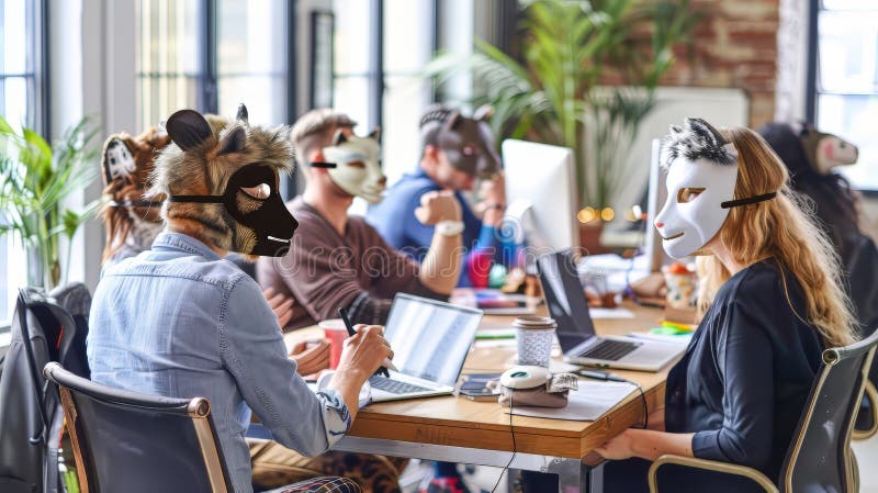Creative Team in Animal Masks Collaborating in Modern Office Setting ...