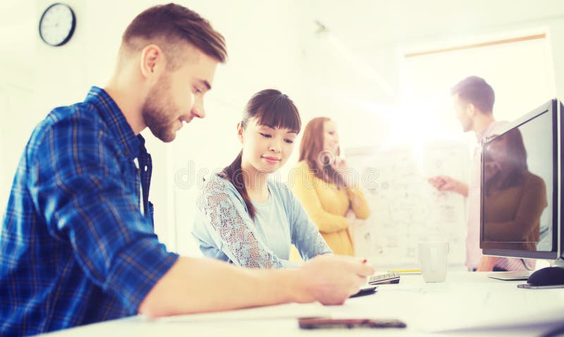 Creative Team with Blueprint at Office Stock Image - Image of bureau ...