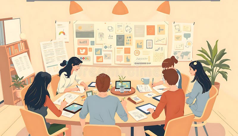 Creative Team Brainstorming Around a Design Table Stock Illustration ...