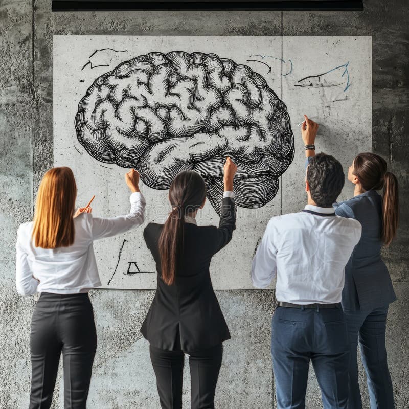 Creative Team Brainstorming with Human Brain on Concrete Wall. Teamwork ...