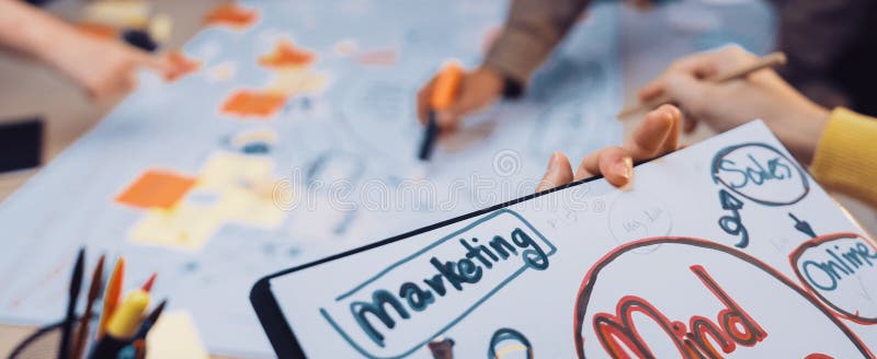 Creative Team Brainstorming Session with Marketing Mind Map Concepts on Table for Project ...